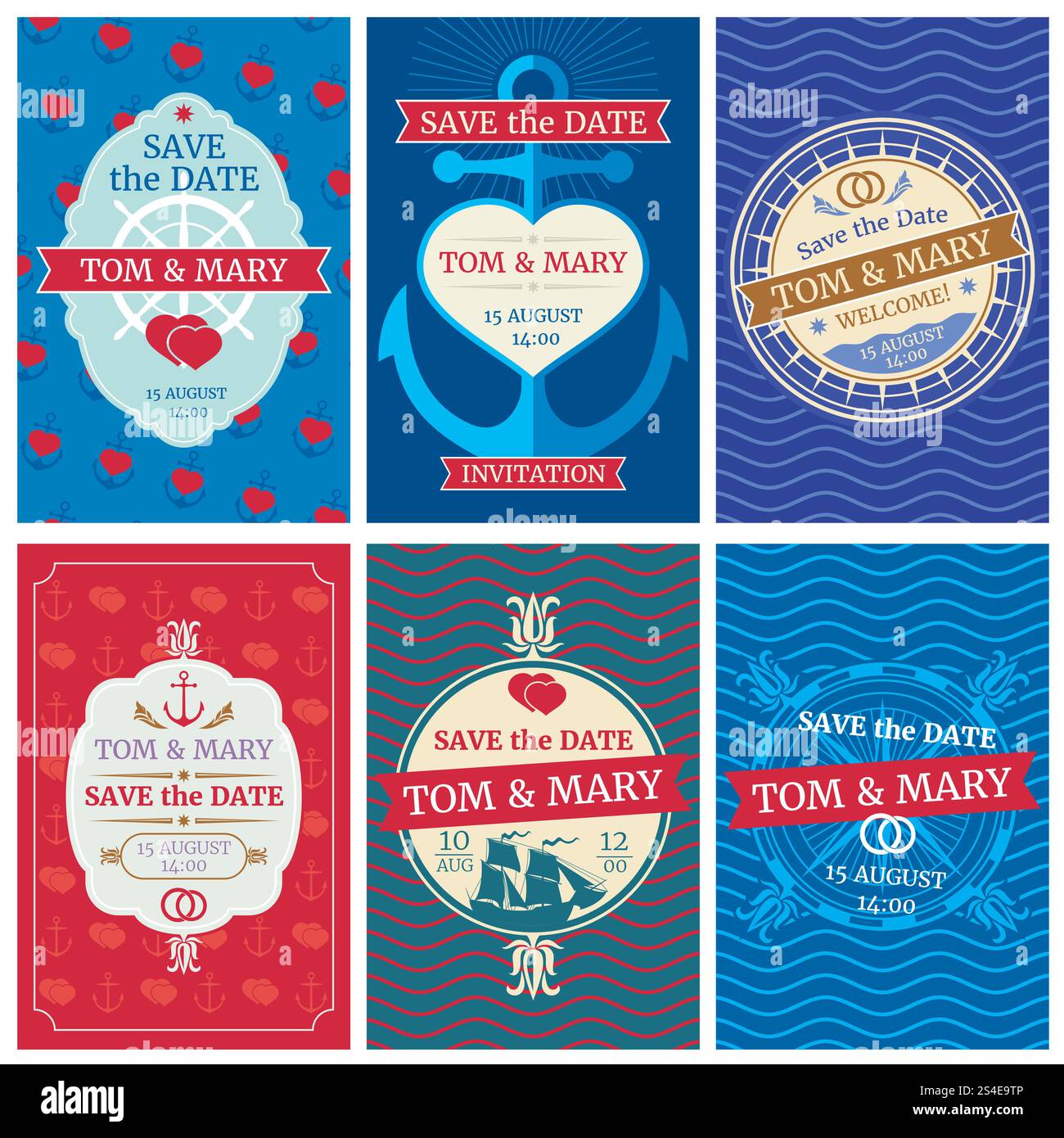 Wedding invitation vector cards with nautical design. Anchors and waves, hearts and ships ...