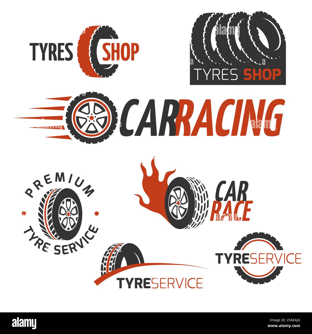 Automobile rubber tire shop, car wheel, racing vector logos and labels ...