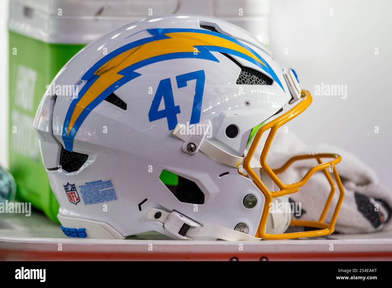 Houston, TX, USA. 11th Jan, 2025. A Los Angeles Chargers helmet sits on ...