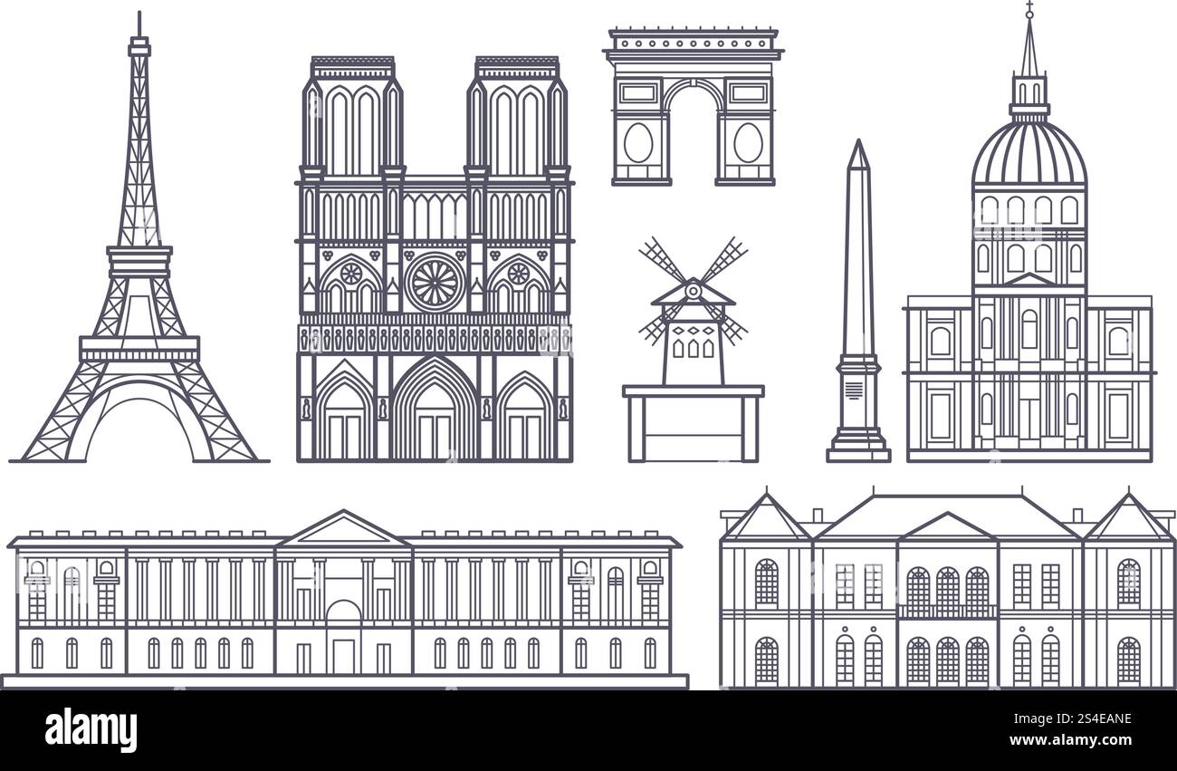 Outline paris landscape, france vector landmarks icons. Paris landmarks ...