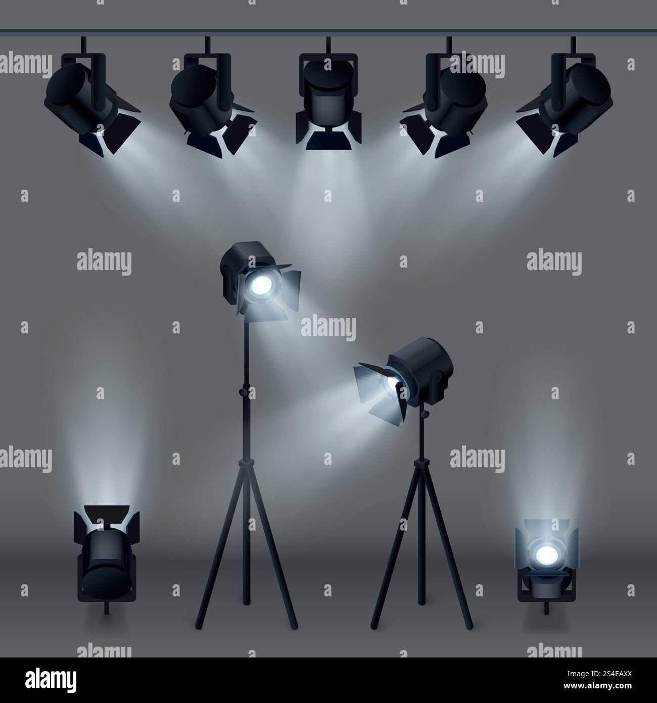 Lighted stage with studio spotlights vector illustration. Spotlight for studio and show, bright ...