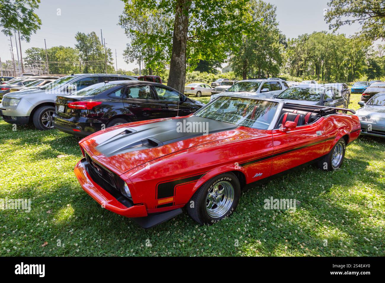 A red and black 1973 Ford Mustang convertible parked in the grass in ...