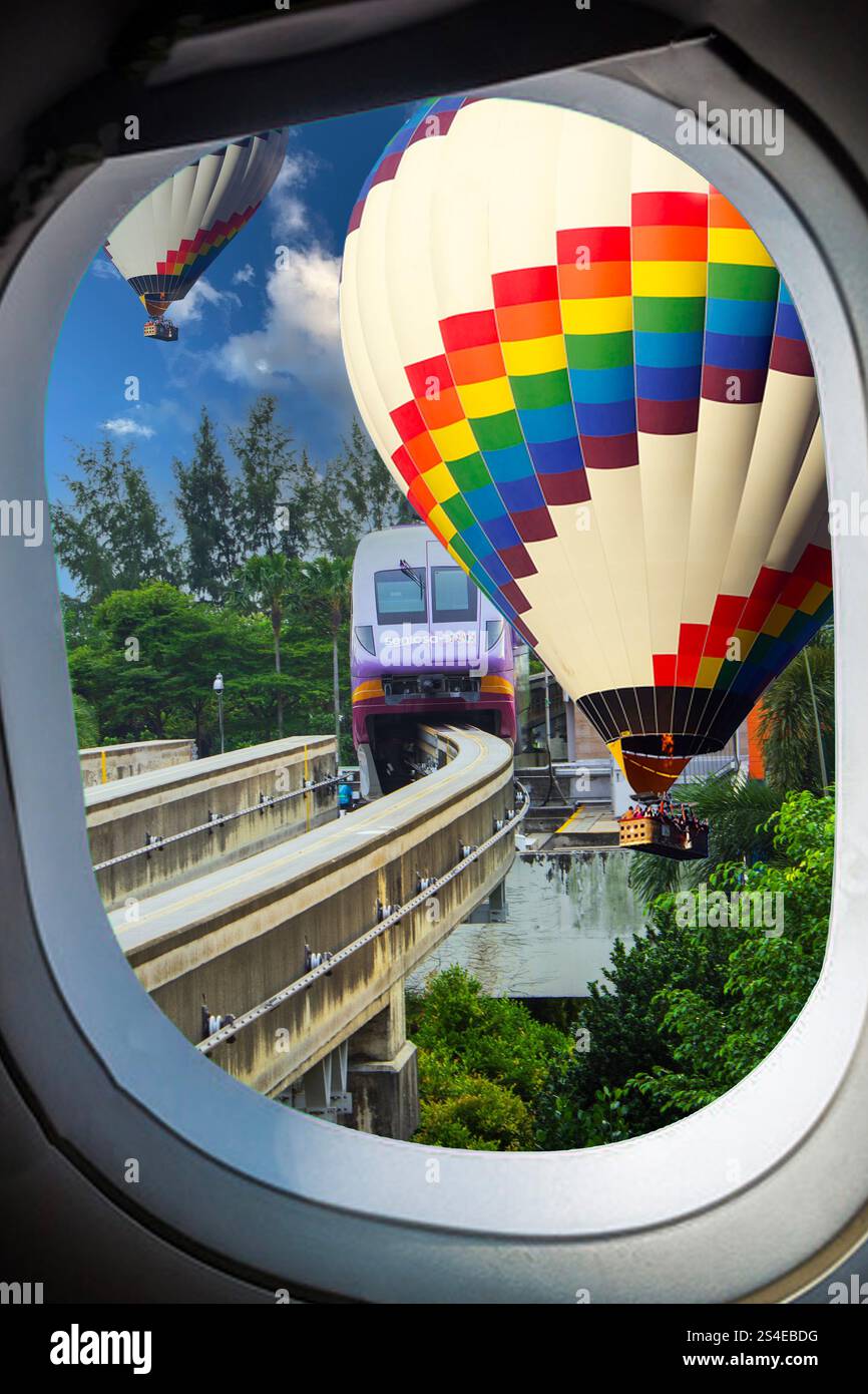 Viewing Colorful Hot Air Balloons and a Modern Train from an Airplane ...