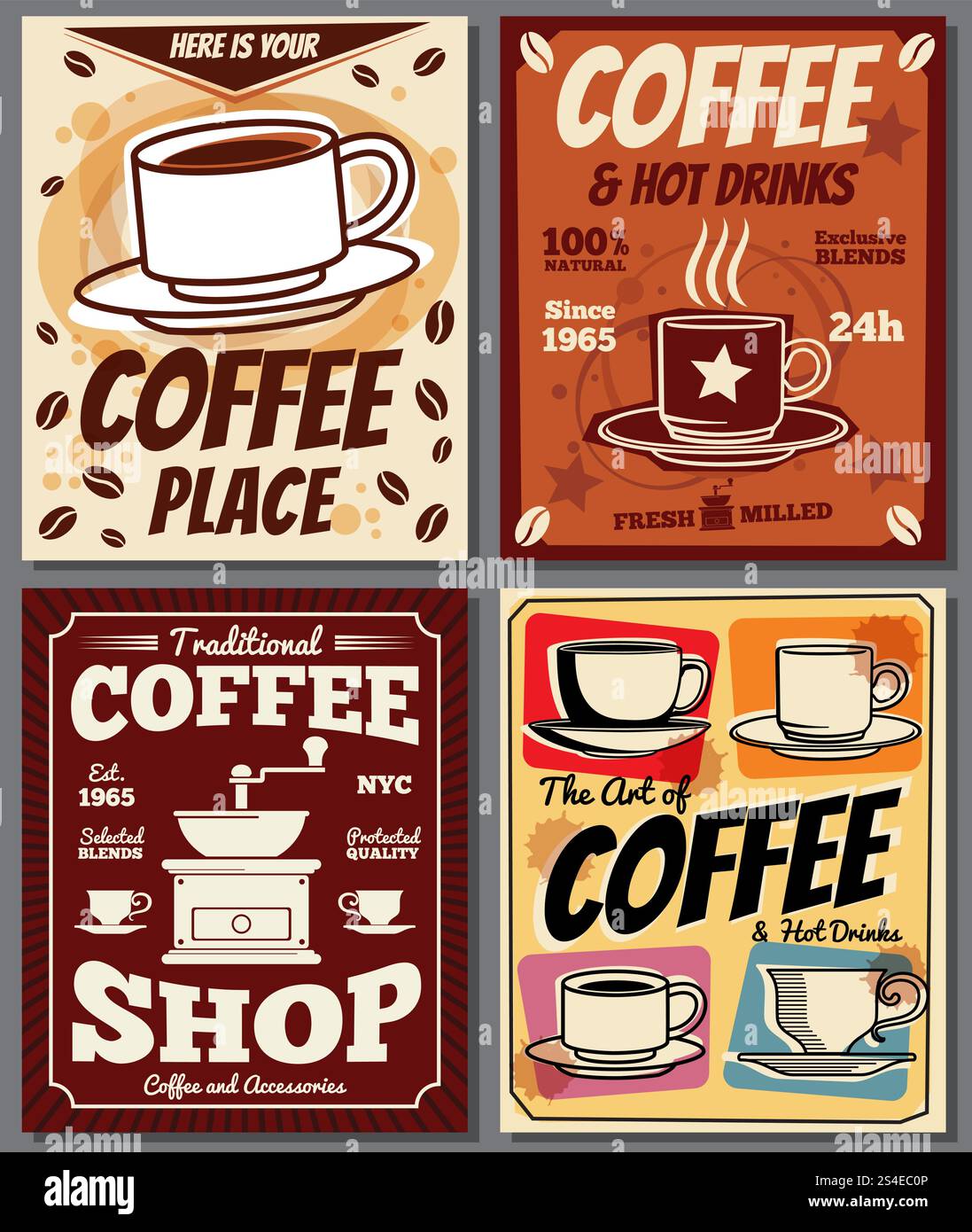 Cafe and restaurant retro posters vector templates with coffee stain ...
