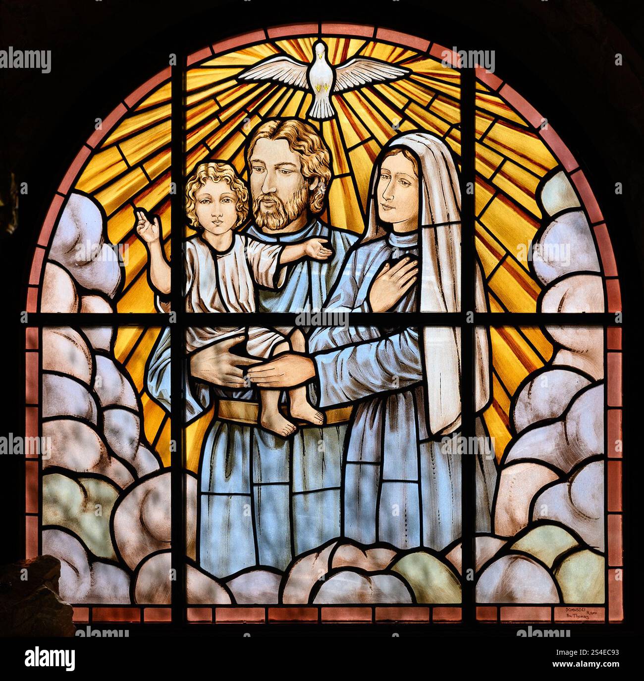 The Holy Family. A stained-glass window in the Oasis of Peace community ...
