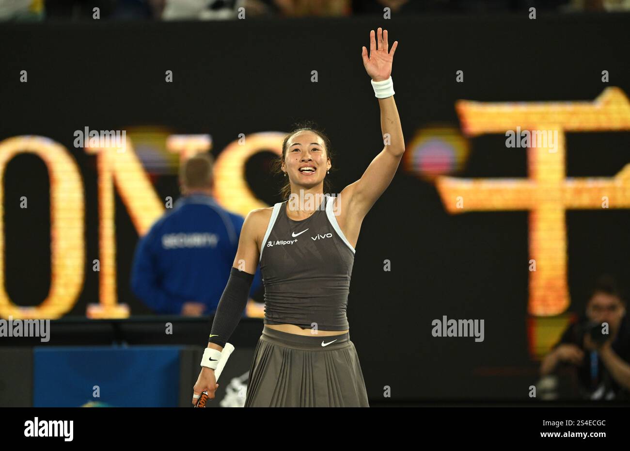 Melbourne, Australia. 12th Jan, 2025. Qinwen Zheng of China reacts after winning her round 1 ...