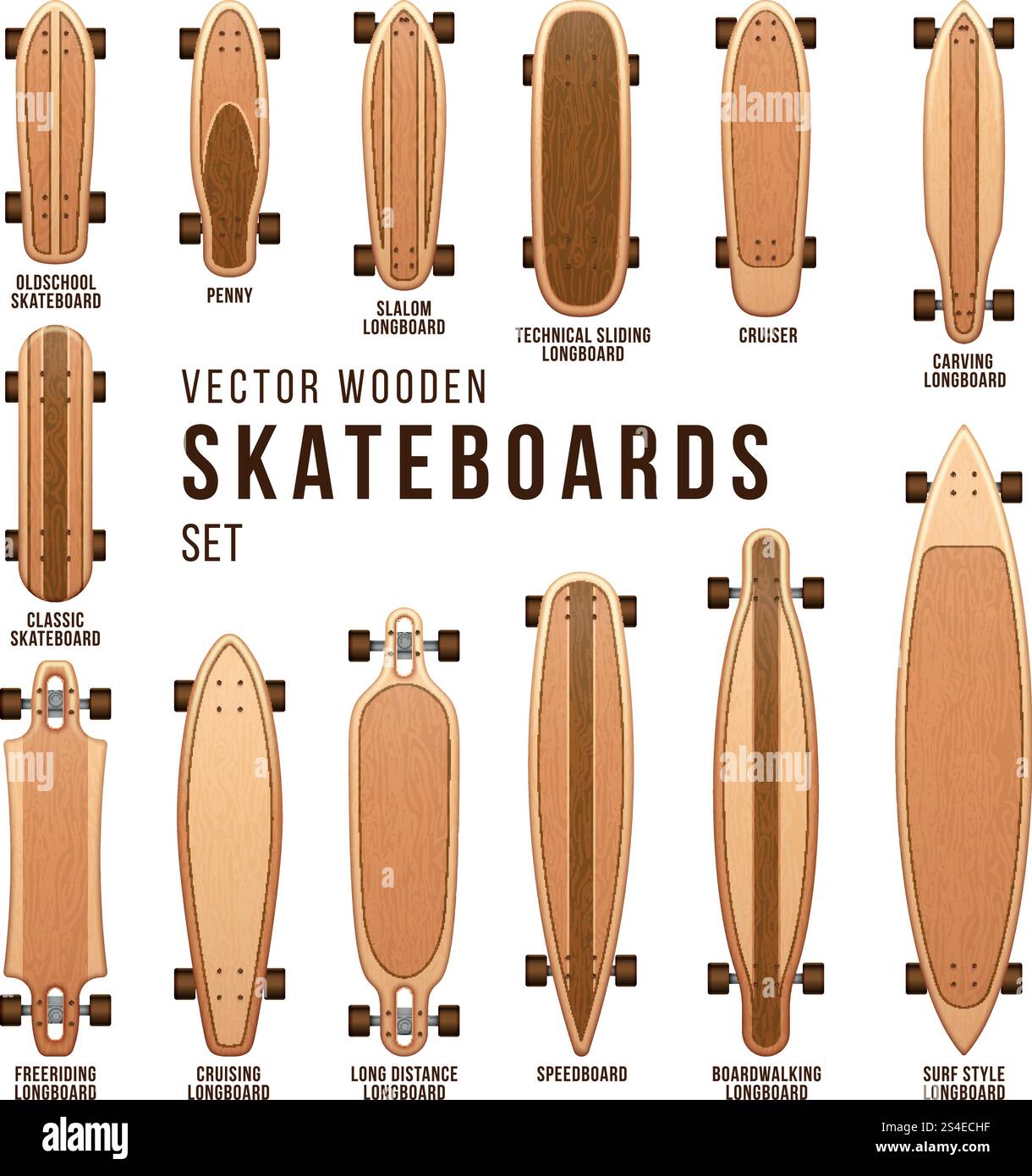 Different skateboard types vector templates set. Penny board and ...