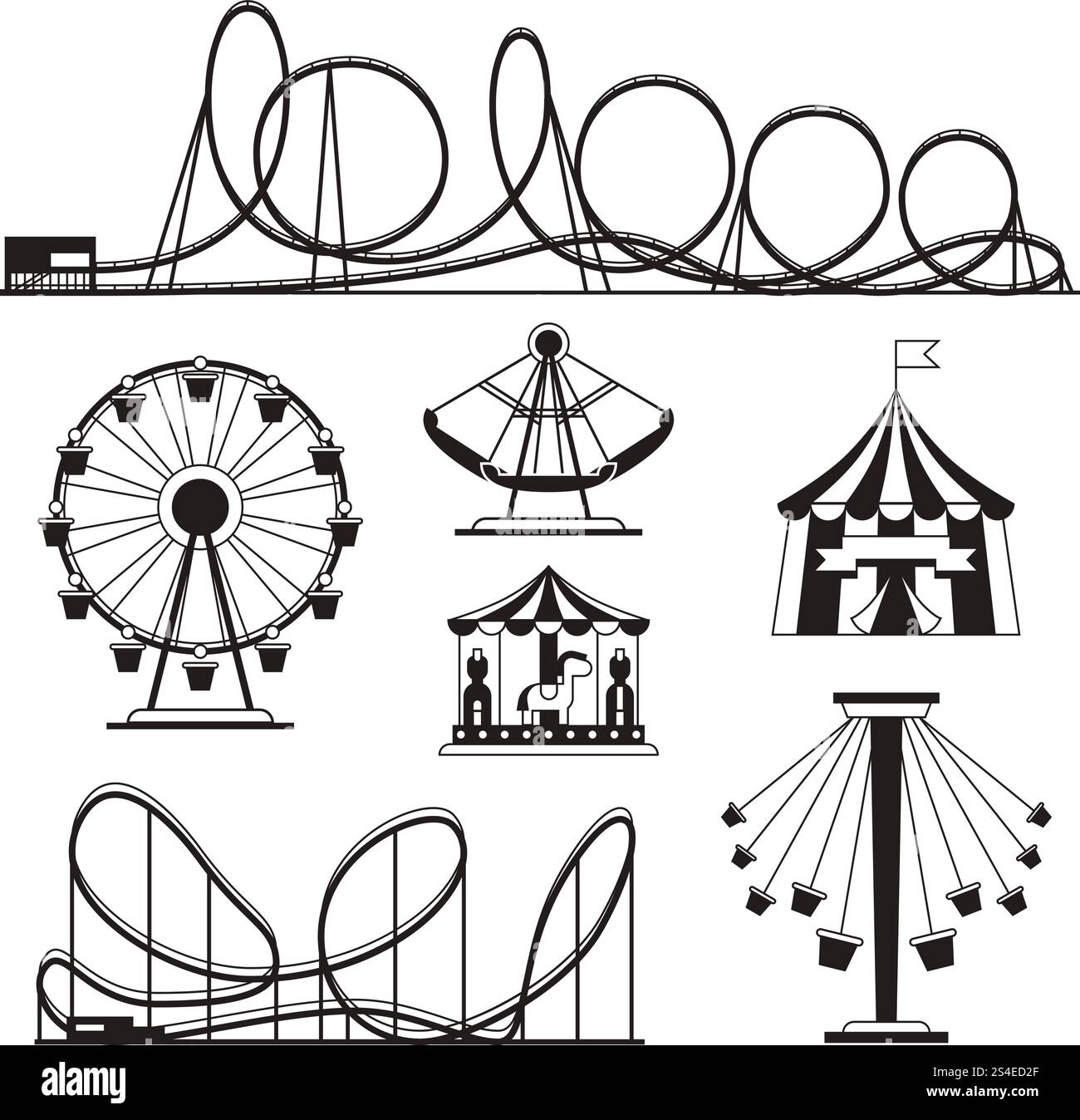 Amusement park, roller coasters and carousel vector icons. Festival and ...