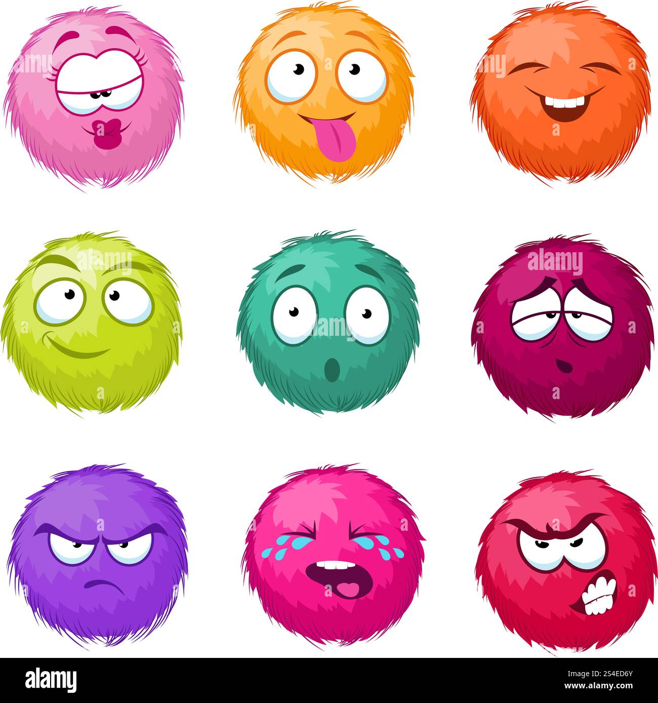 Funny colorful cartoon fluffy ball vector fuzzy characters set ...