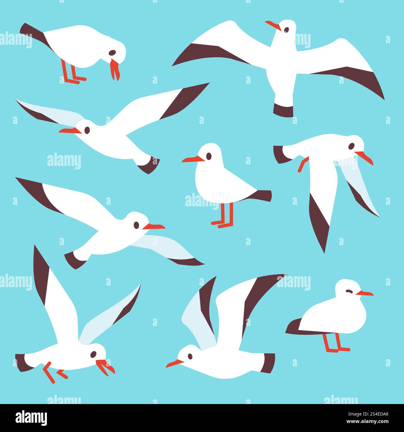 Cartoon atlantic seabird, seagulls flying in blue sky vector set. Sea ...