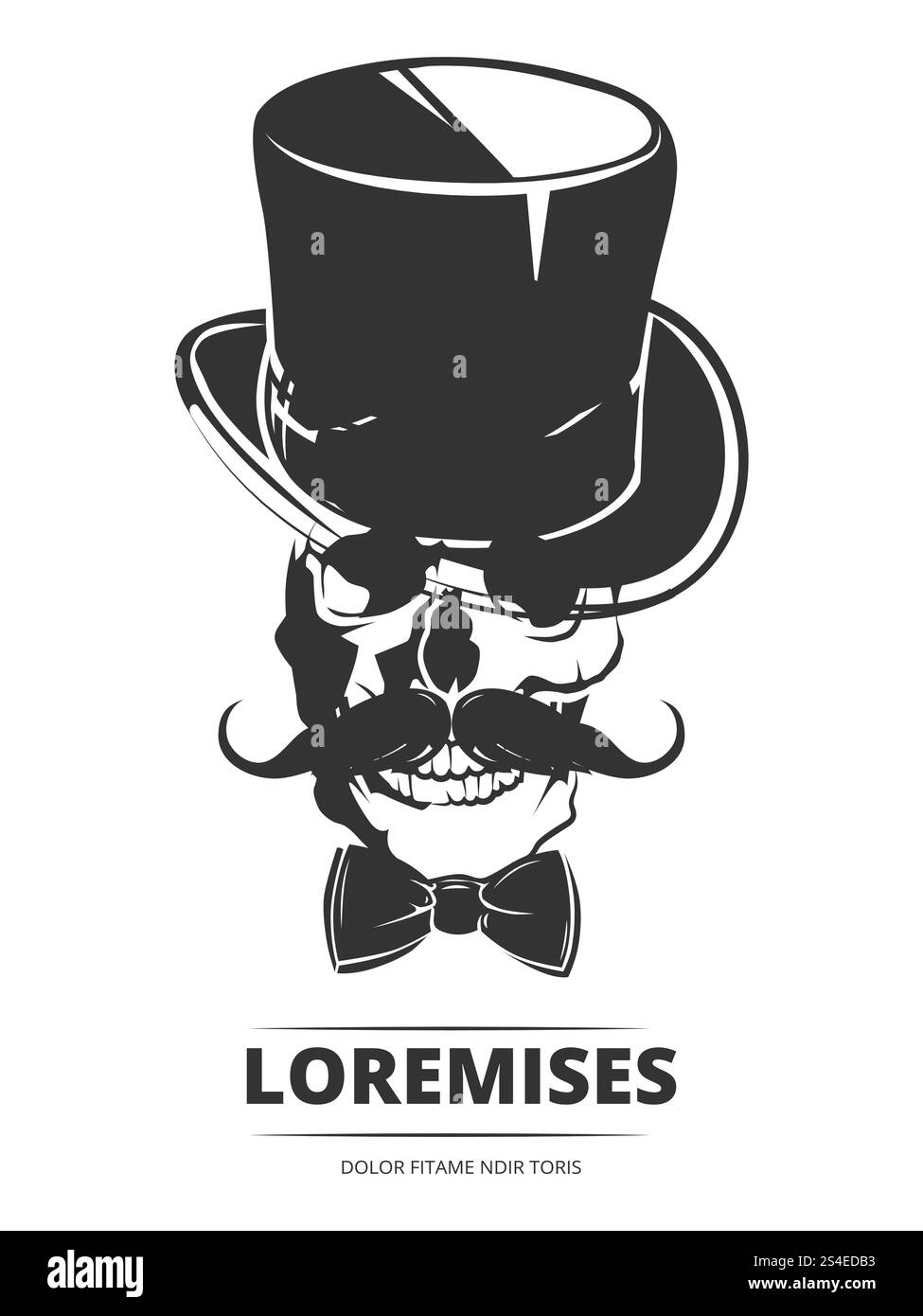 Smiling human skull with cylinder, mustache and bow tie isolated on ...