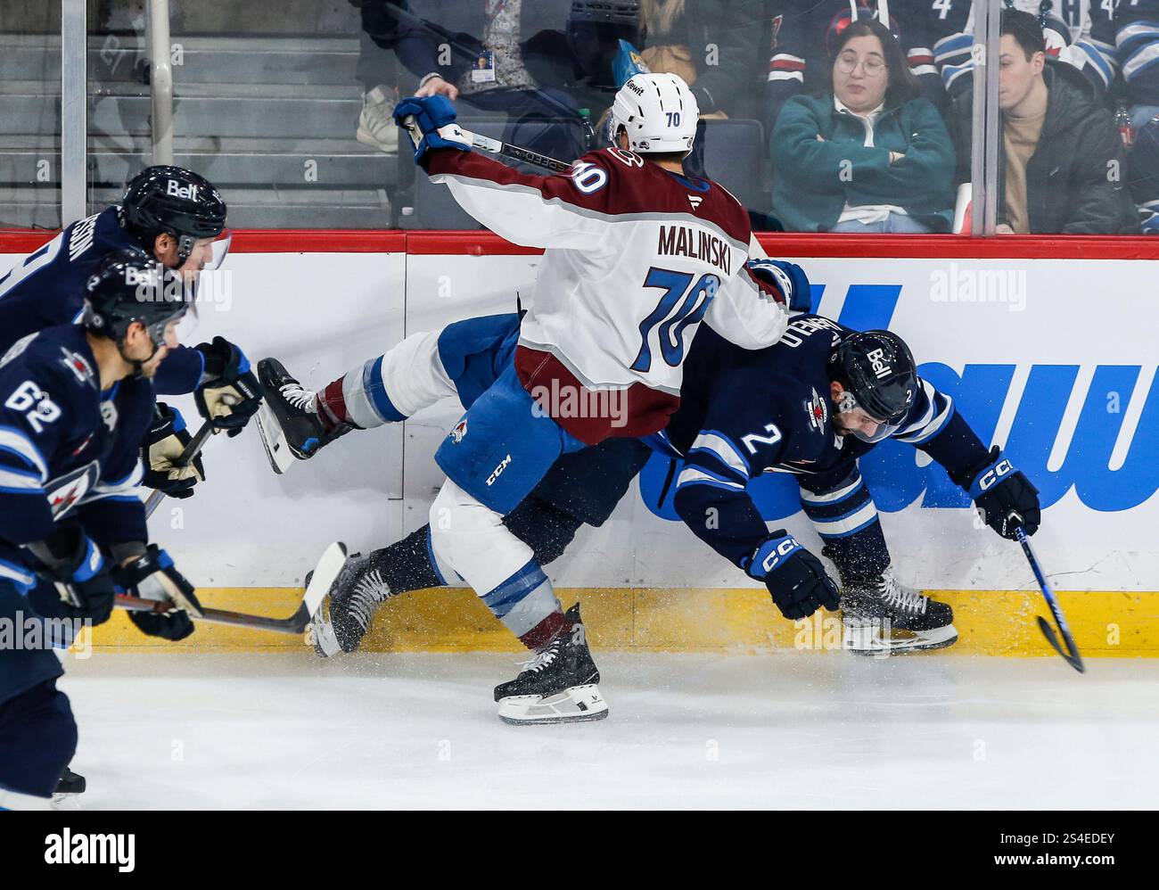 Winnipeg Jets' Dylan DeMelo (2) defends against Colorado Avalanche's ...