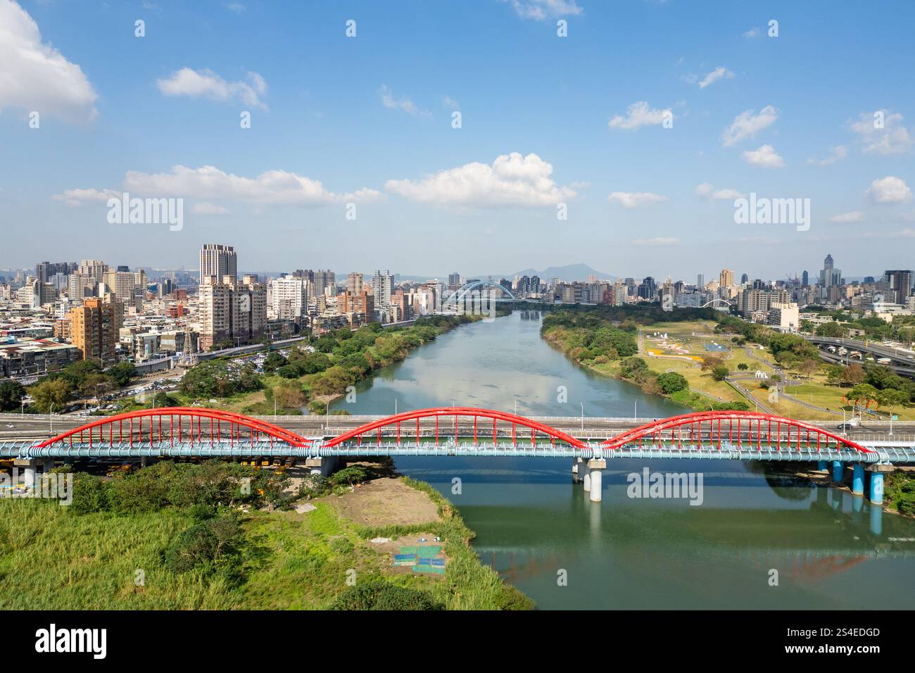 Aerial view of the pipe bridge over the Xindian river at Taipei, Taiwan ...