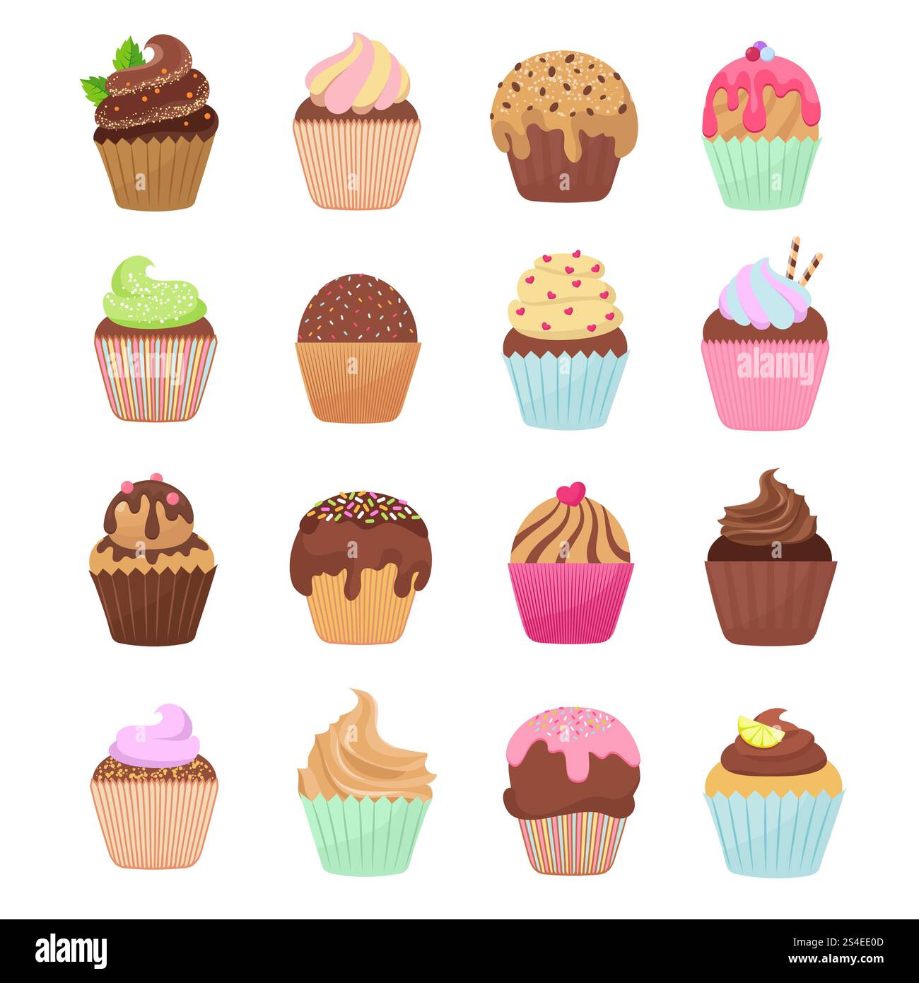 Delicious cupcakes and muffins vector cartoon set. Chocolate birthday ...