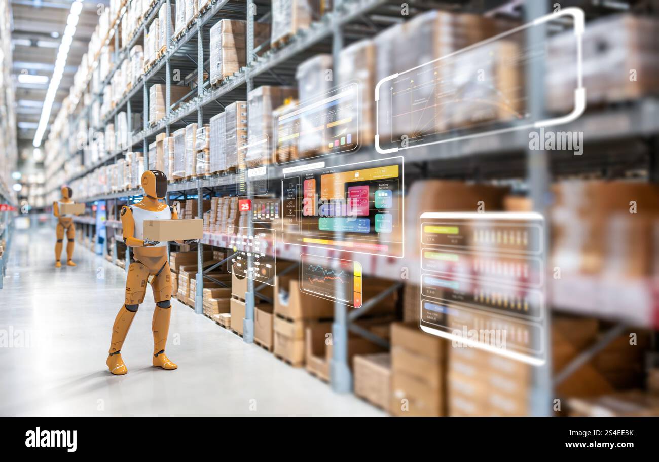 Automation warehouse concept with 3d rendering assistant robot work in warehouse with digital ...