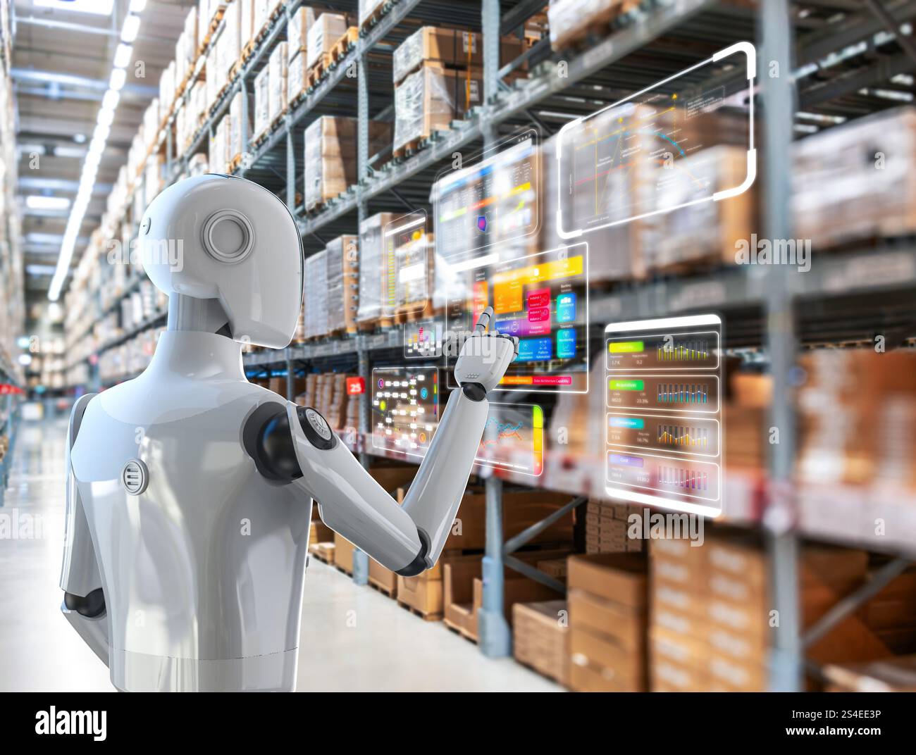 Automation warehouse concept with 3d rendering assistant robot work in warehouse with digital ...