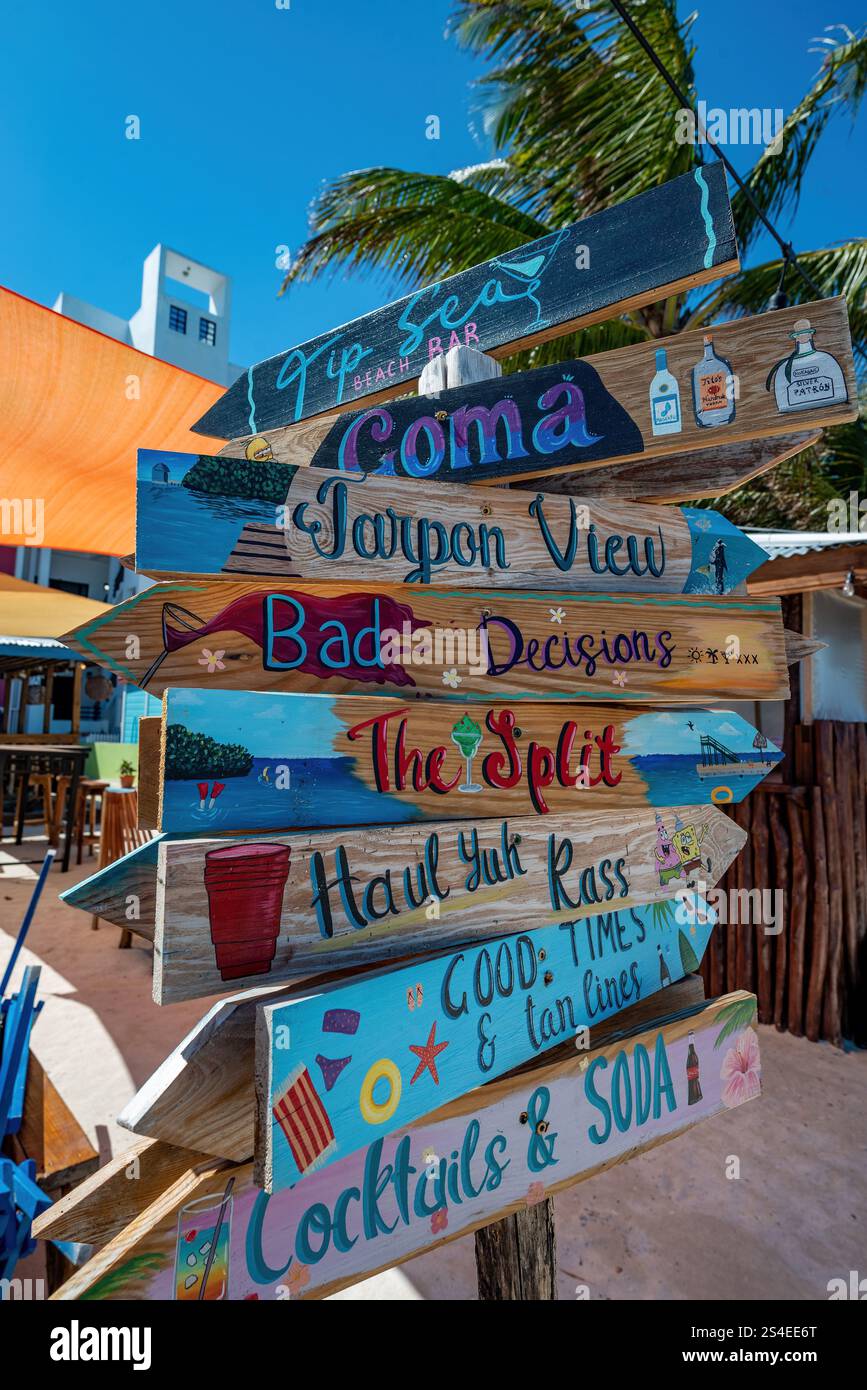 Hand-painted street sign on Caye Caulker, Belize, where the only ...