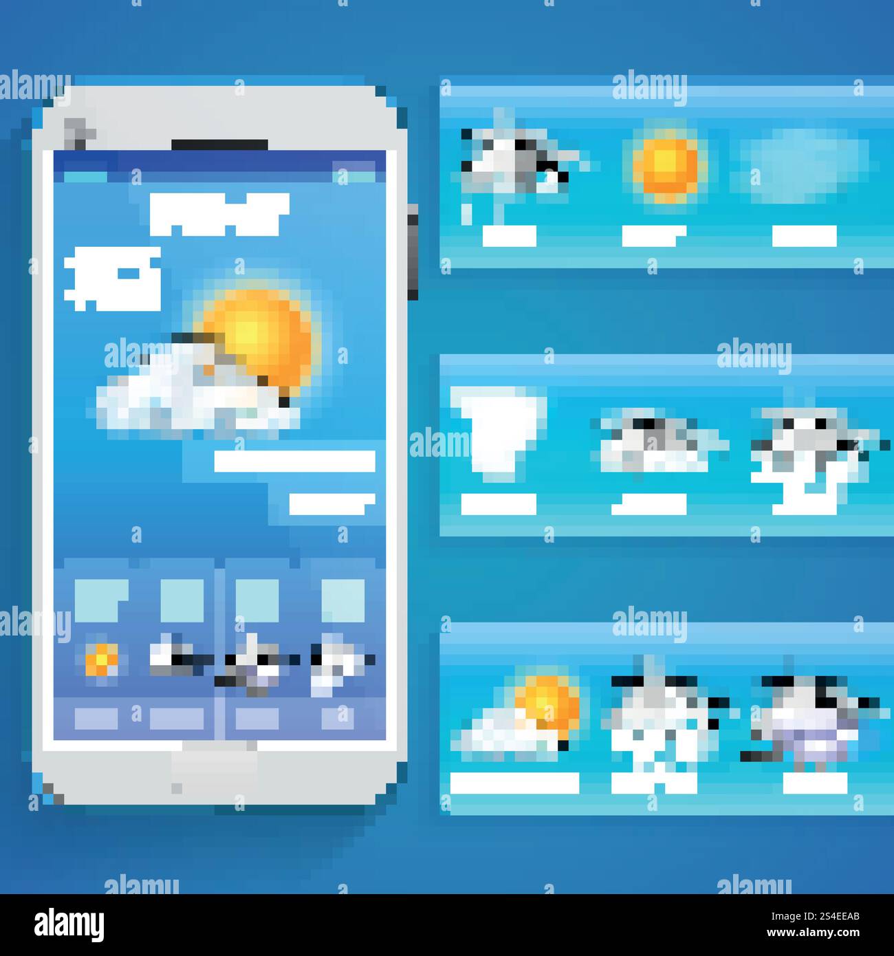Weather forecast app on smartphone screen and realistic vector icons ...
