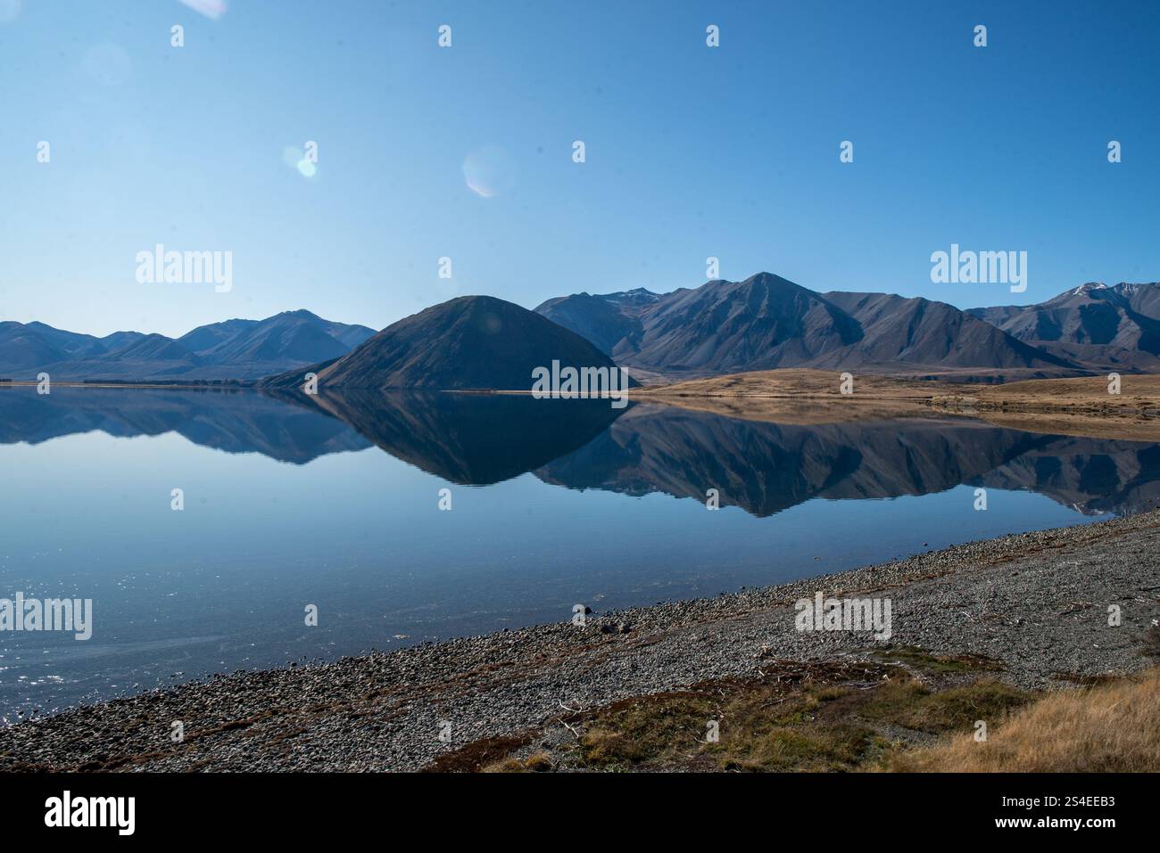 The arid extreme countryside around the shore of alpine Lakes in the ...