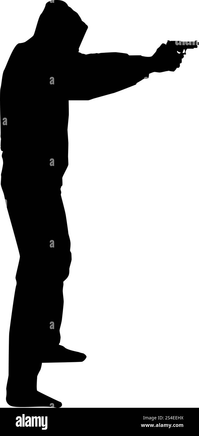 Man in the hood with gun Concept danger outstretched arms icon black ...