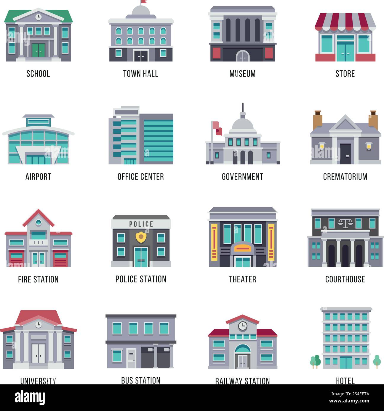 Government buildings vector flat icons set. City buildings university ...