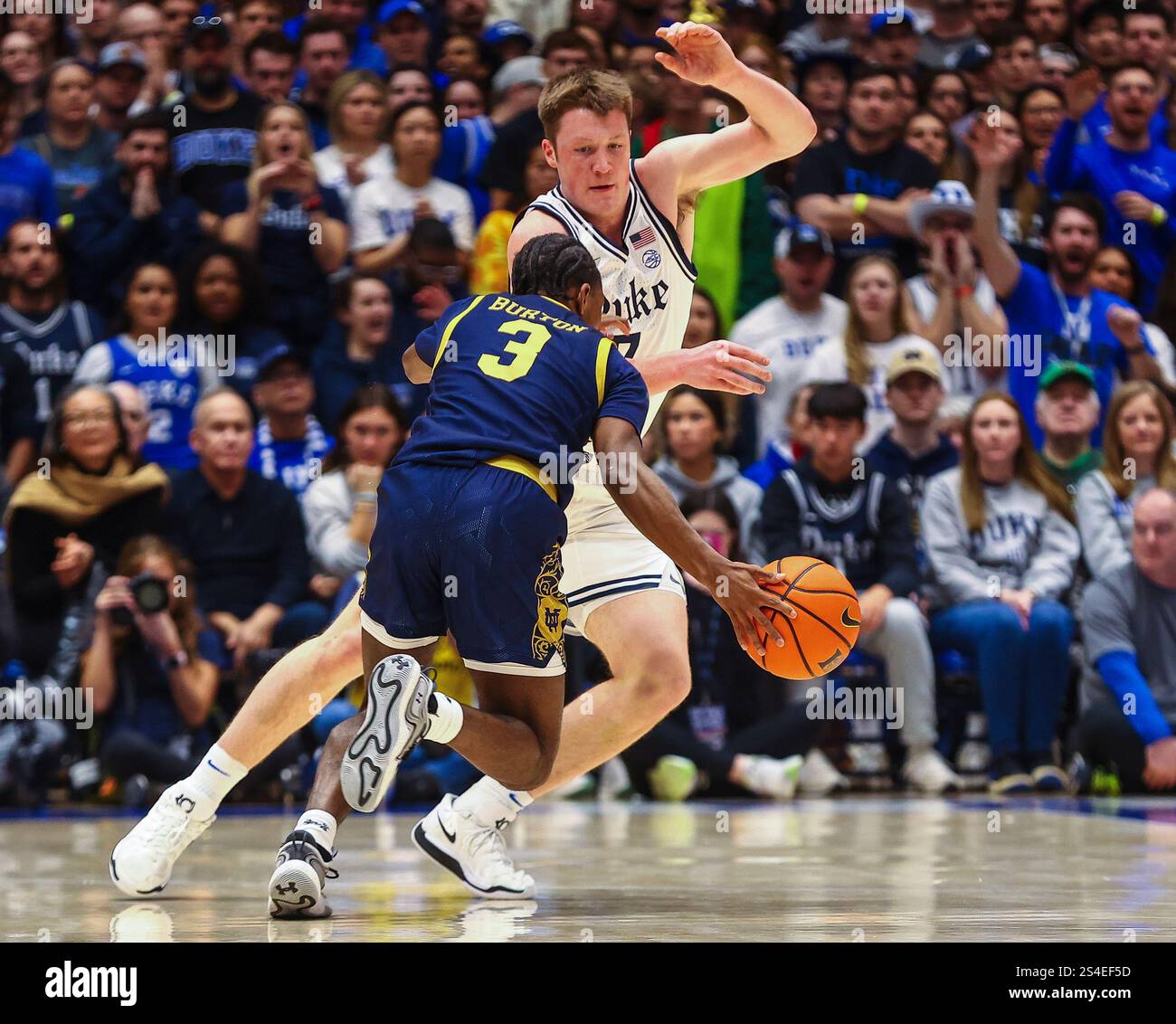 January 11, 2025: Duke forward Kon Knueppel (7) defends against Notre ...