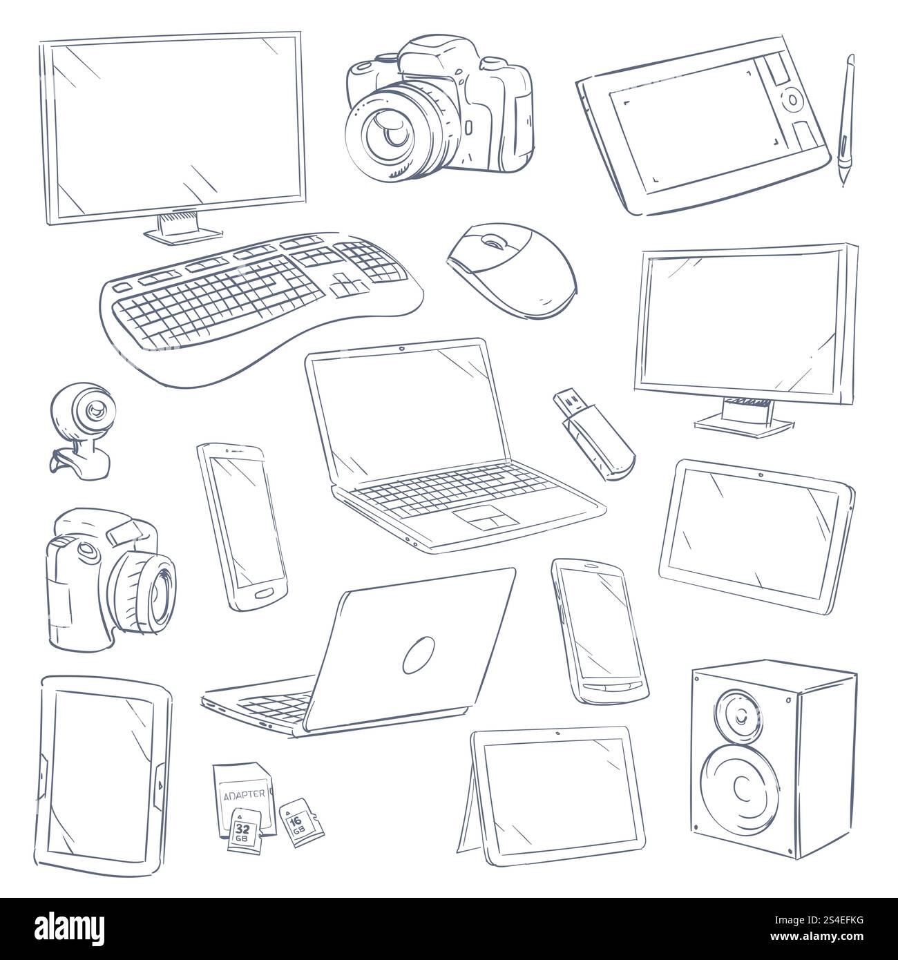 Hand drawn, sketch computer technology gadgets vector set. Computer electronic device ...