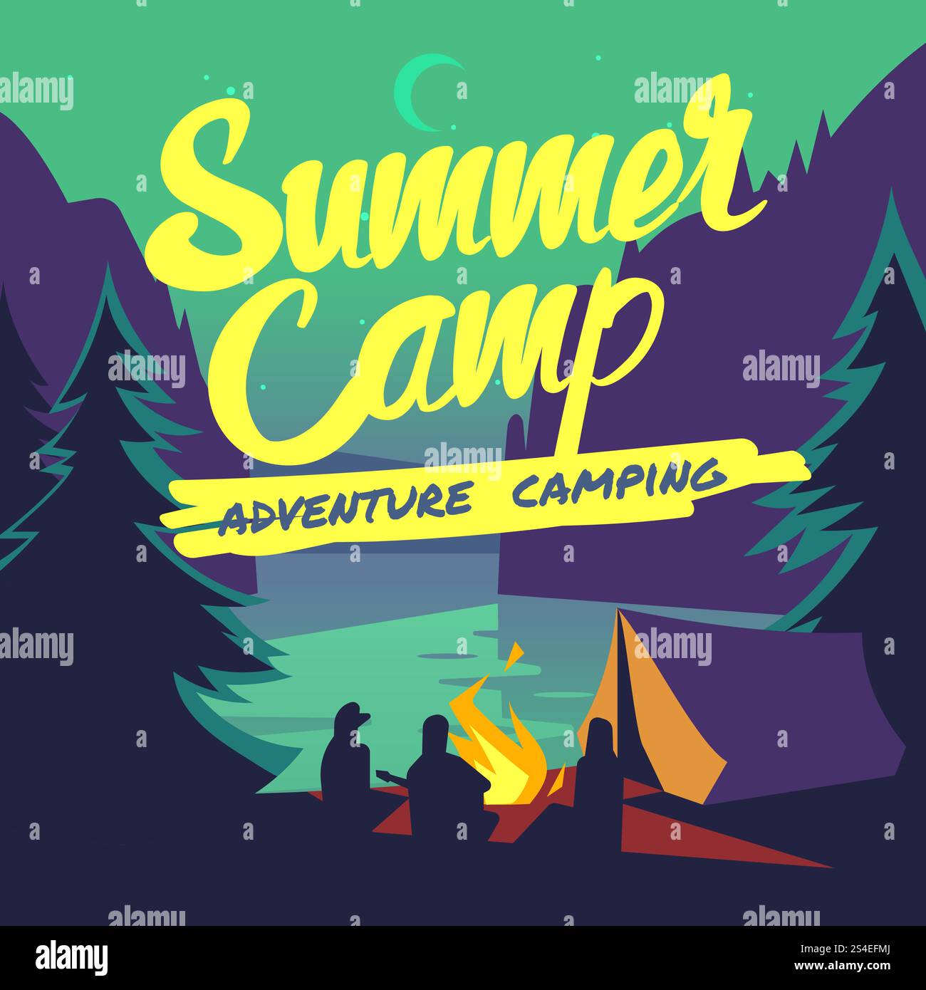 Night forest with moonlight and campfire summer adventure camping ...