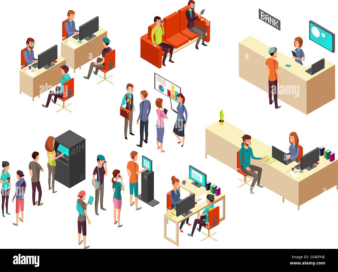 Isometric bank clients and employees for 3d banking services vector ...
