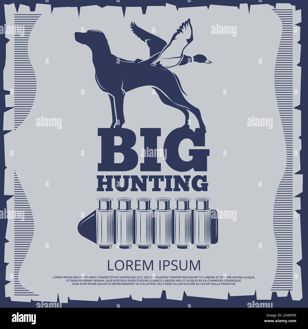 Big hunting poster design with duck, hound and ammunition. Vector ...