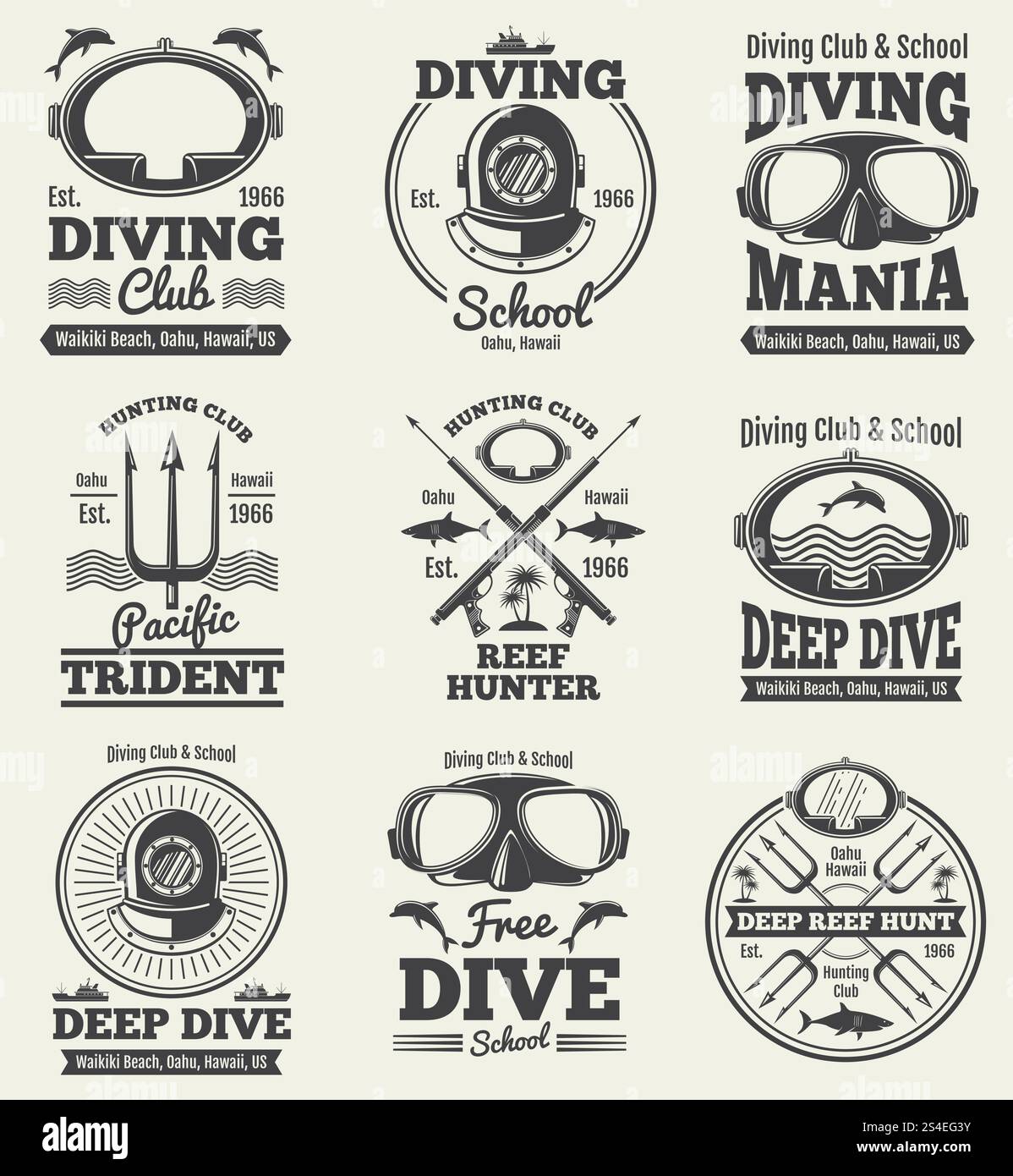 Scuba diving vintage vector labels. Spearfishing retro seal. Vintage ...