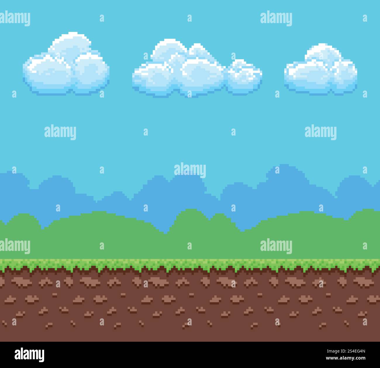 Pixel 8bit Game Vector Background With Ground And Cloudy Sky Panorama Nature Landscape Pixel