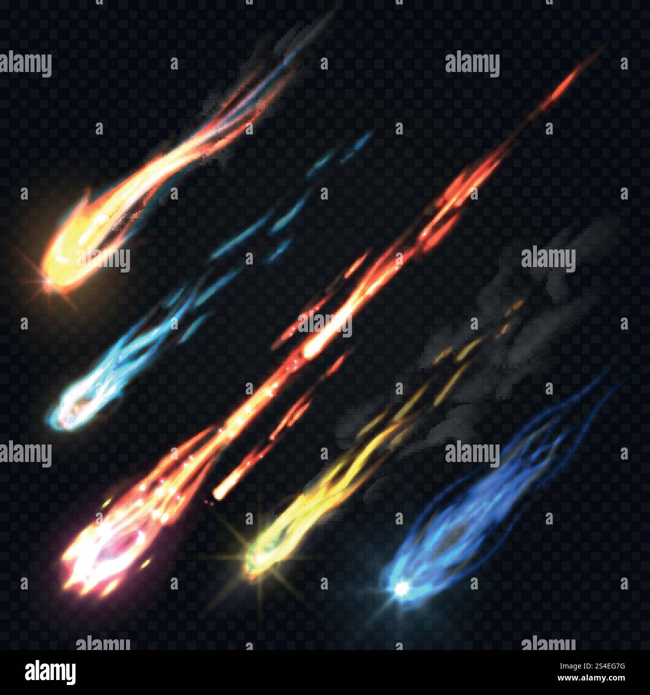Sky comets and meteorite, rocket trails isolated on dark transparent ...