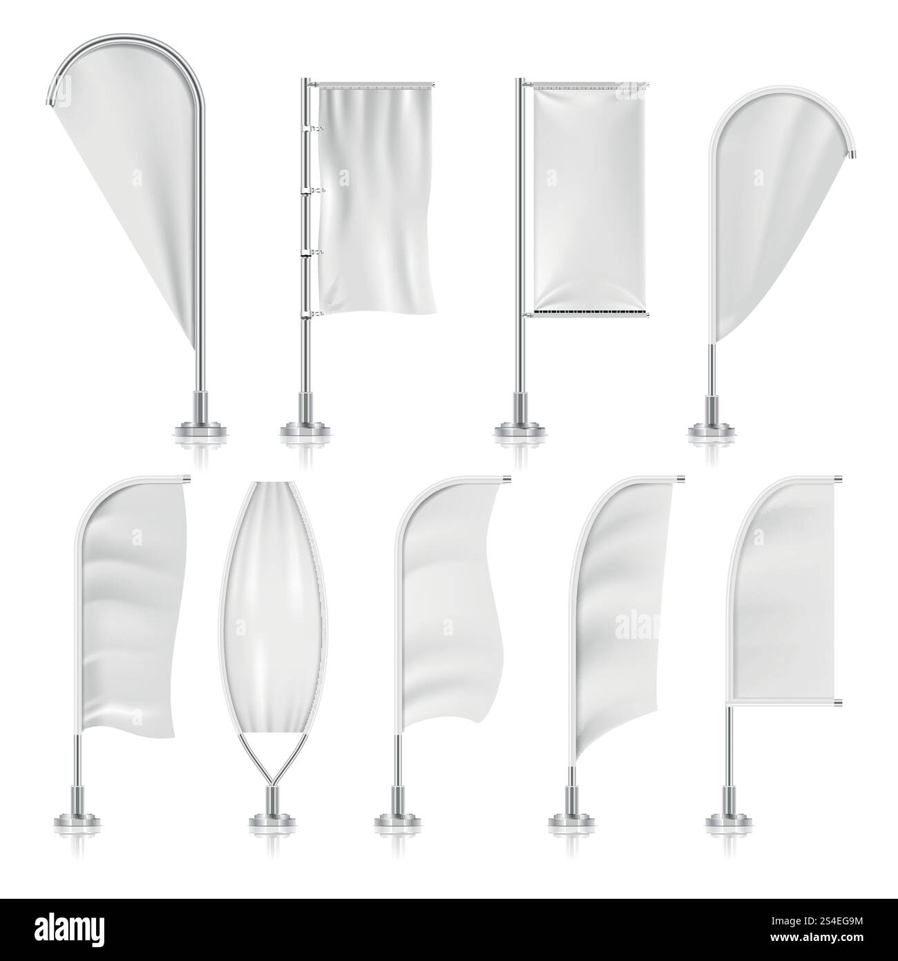 Blank outdoor white flags and advertising beach marketing banners vector set. Promotion flags ...