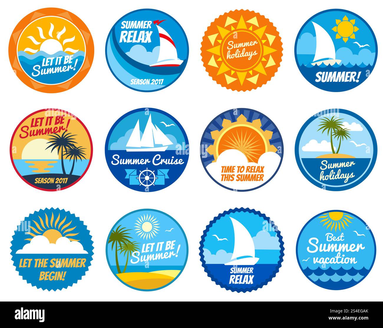 Summer party vector labels and emblems with sun and sea beach. Vacation ...