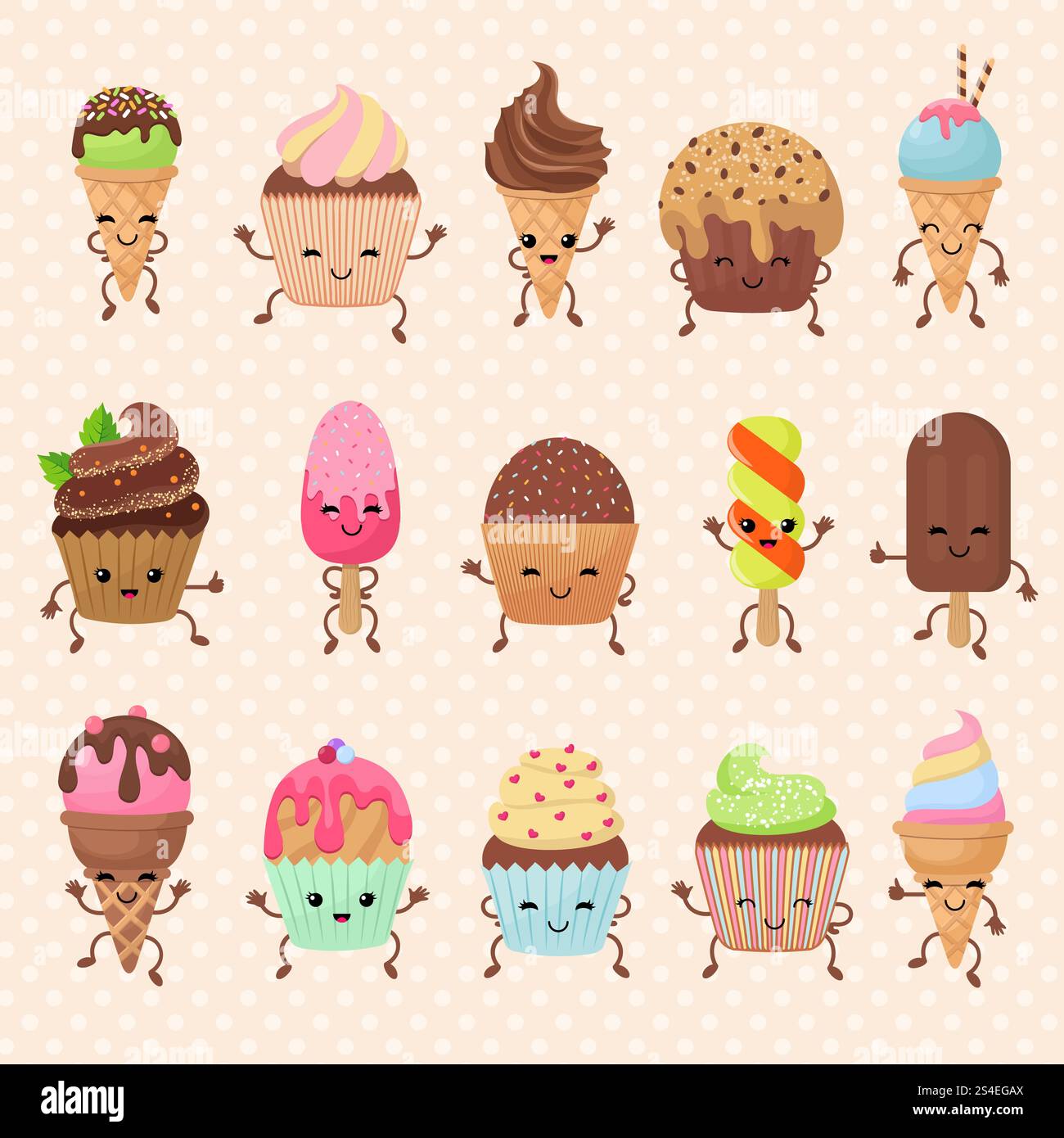Funny vector cupcake and ice cream dessert characters. Food cake ...