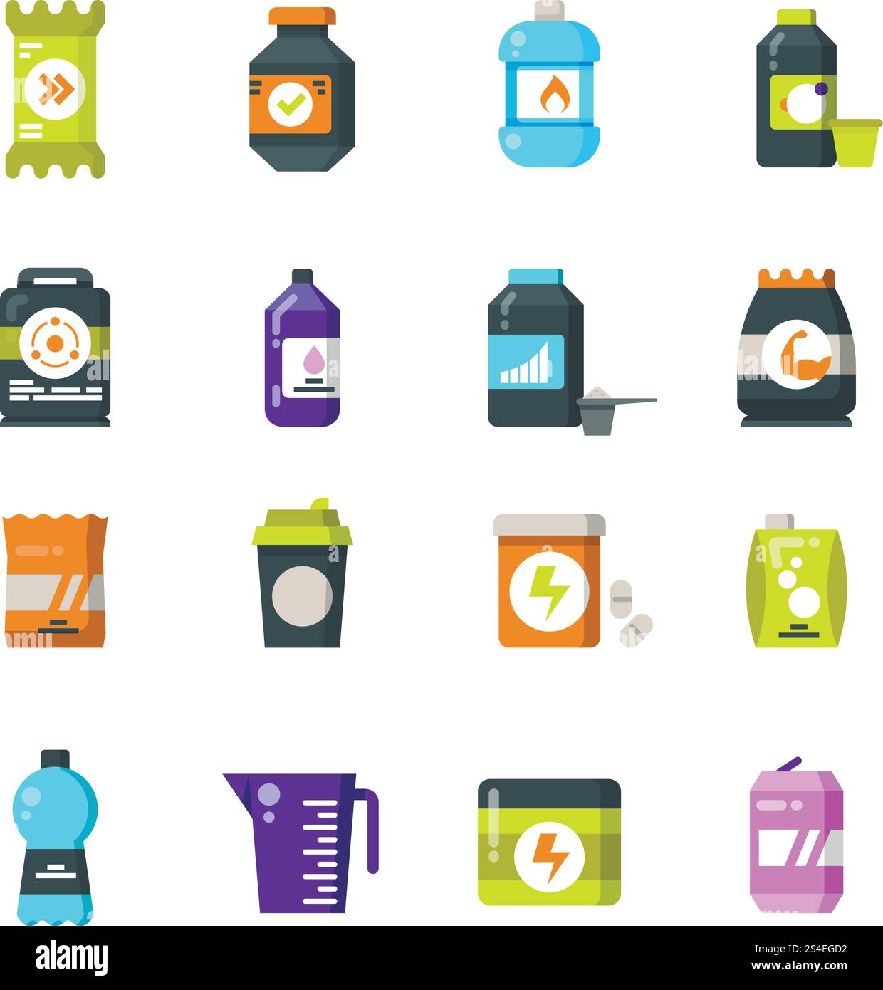Sports nutrition supplements and protein flat icons. Energy drink and ...