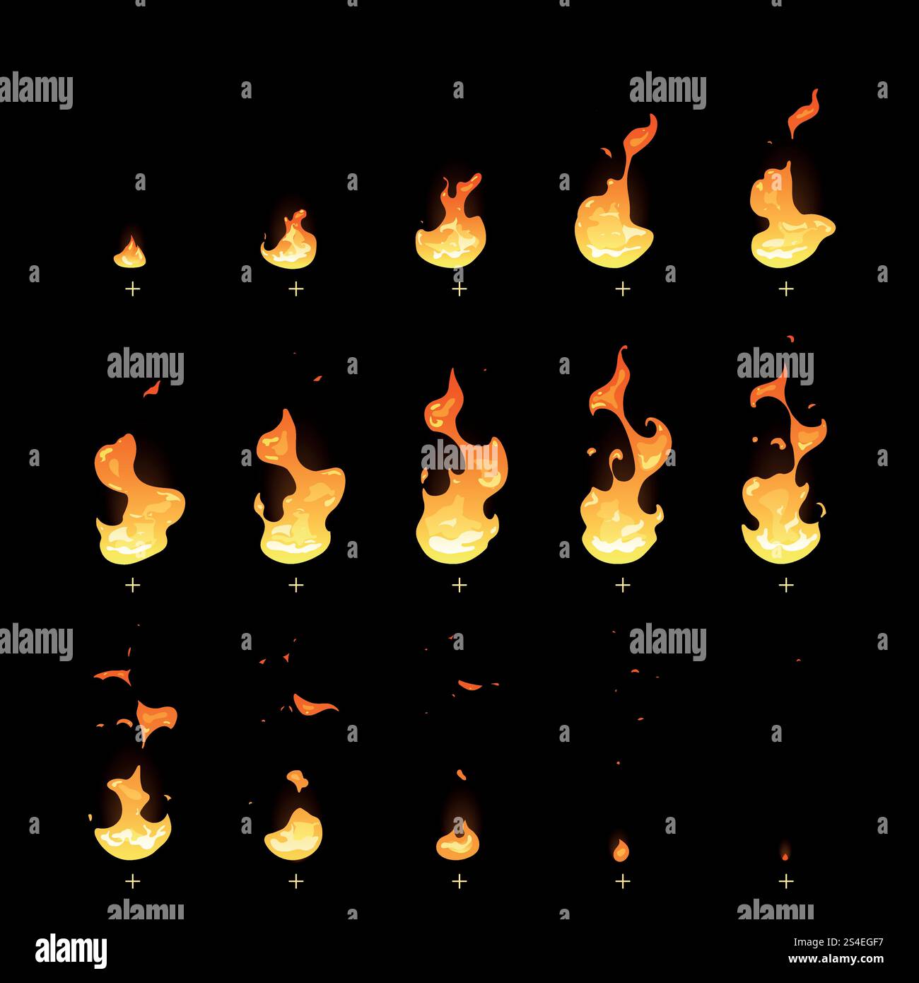 Ignition and fading fire trap animation sprite sheet cartoon vector set ...