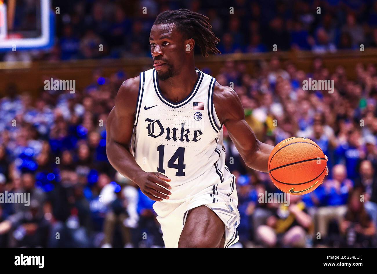 January 11, 2025: Duke guard Sion James (14) dribbles ball. NCAA ...