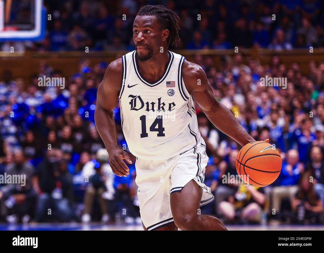 January 11, 2025: Duke guard Sion James (14) dribbles ball. NCAA ...