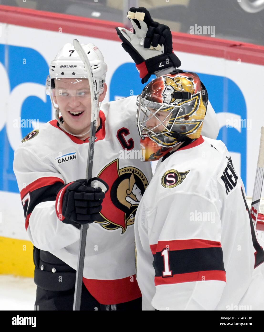 Ottawa Senators left wing Brady Tkachuk (7) celebrates the 5-0 win with ...