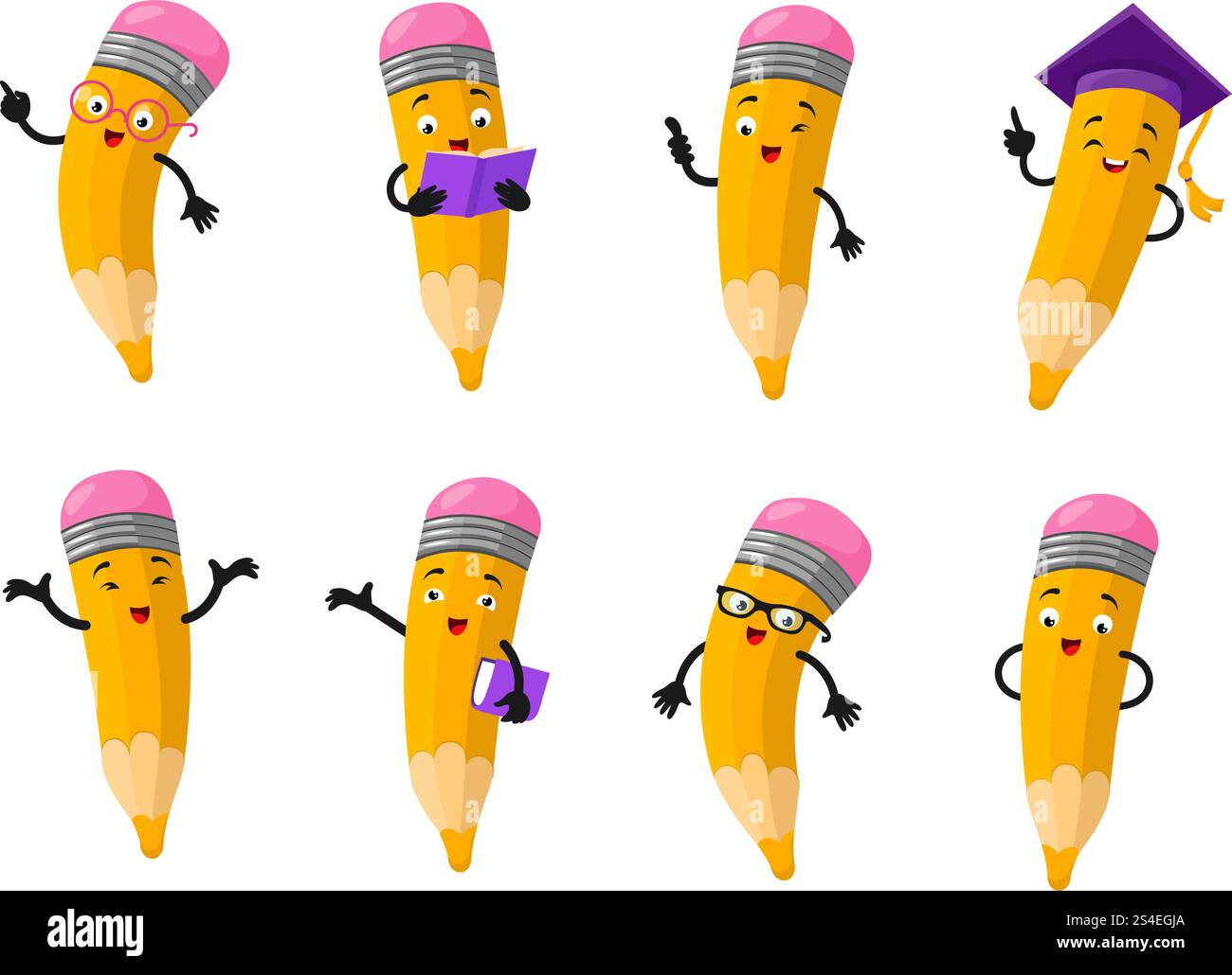 Cartoon clever pencil character vector set. Character happy pencil with ...