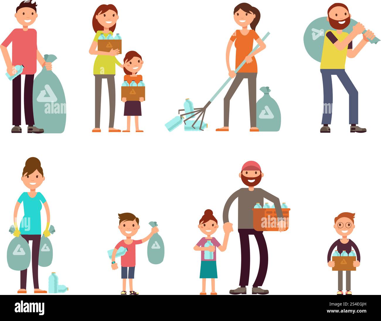 Group of people adult and kids characters gathering city garbage and ...