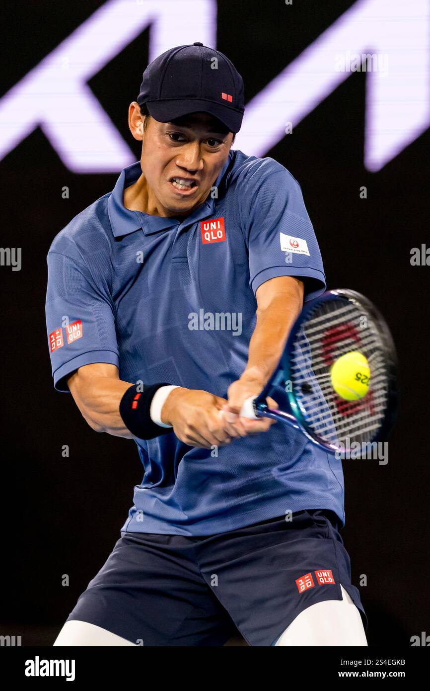 MELBOURNE, VIC - JANUARY 12: Kei Nishikori of Japan in action during ...