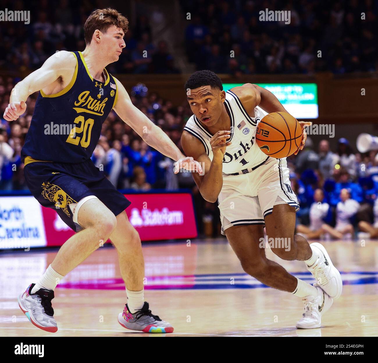 January 11, 2025: Duke guard Caleb Foster (1) drives to basket in front ...