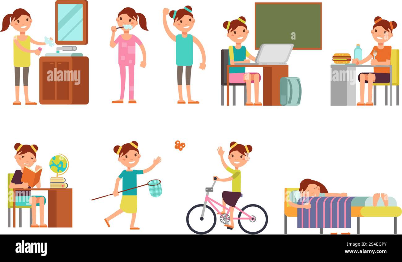 Pretty girl child daily schedule vector illustration. Girl everyday ...