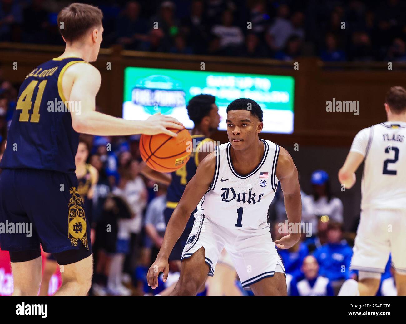 January 11, 2025: Duke guard Caleb Foster (1) plays defense against ...
