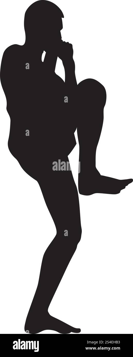 Fighter in fighting stancewith raised leg Man doing exercises Sport ...