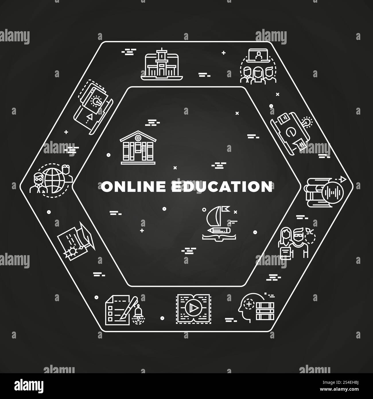 Online education line art concept on blackboard. Education illustration ...