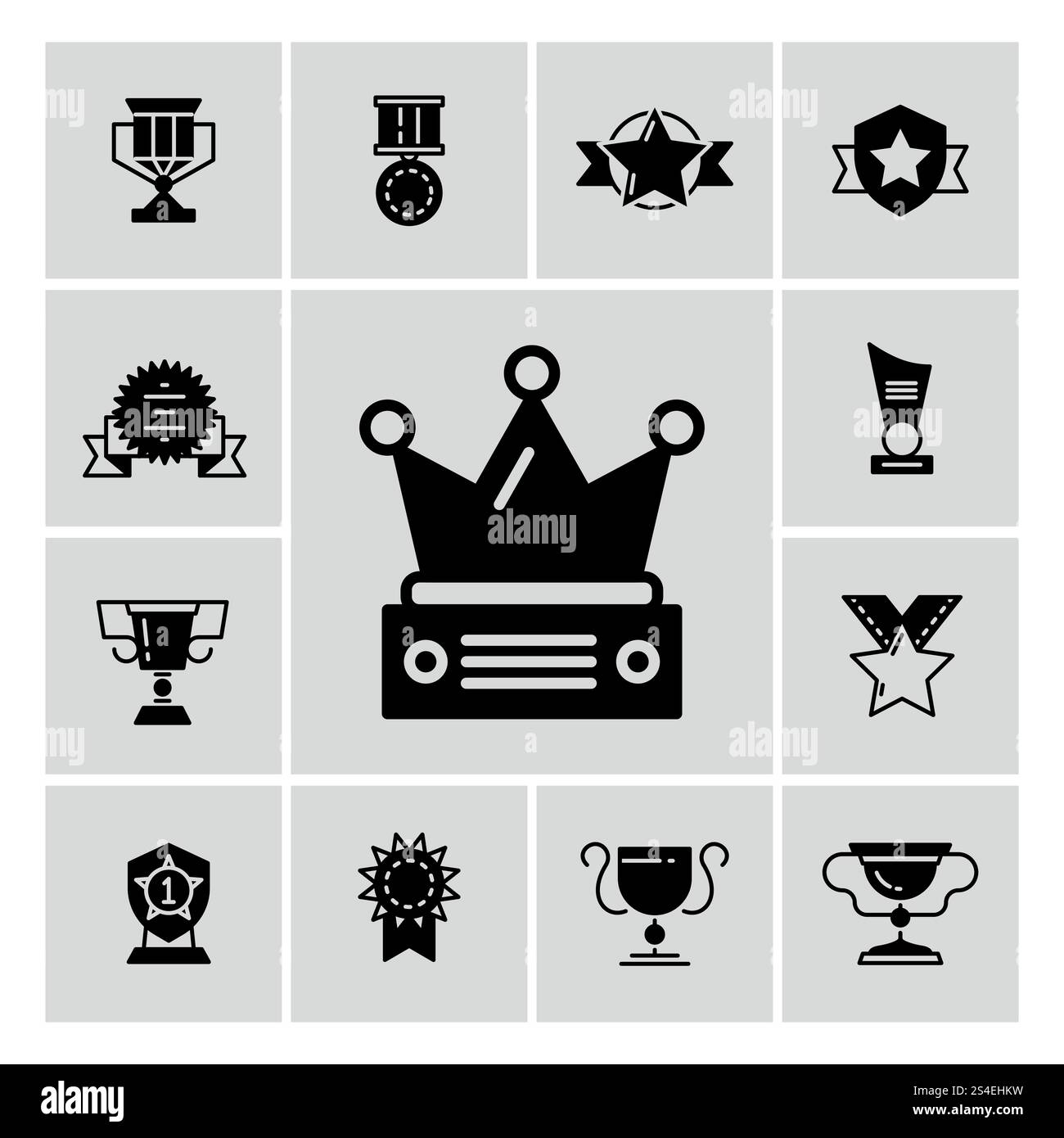 Awards, trophy and prizes black icons. Symbol of winner and champion ...